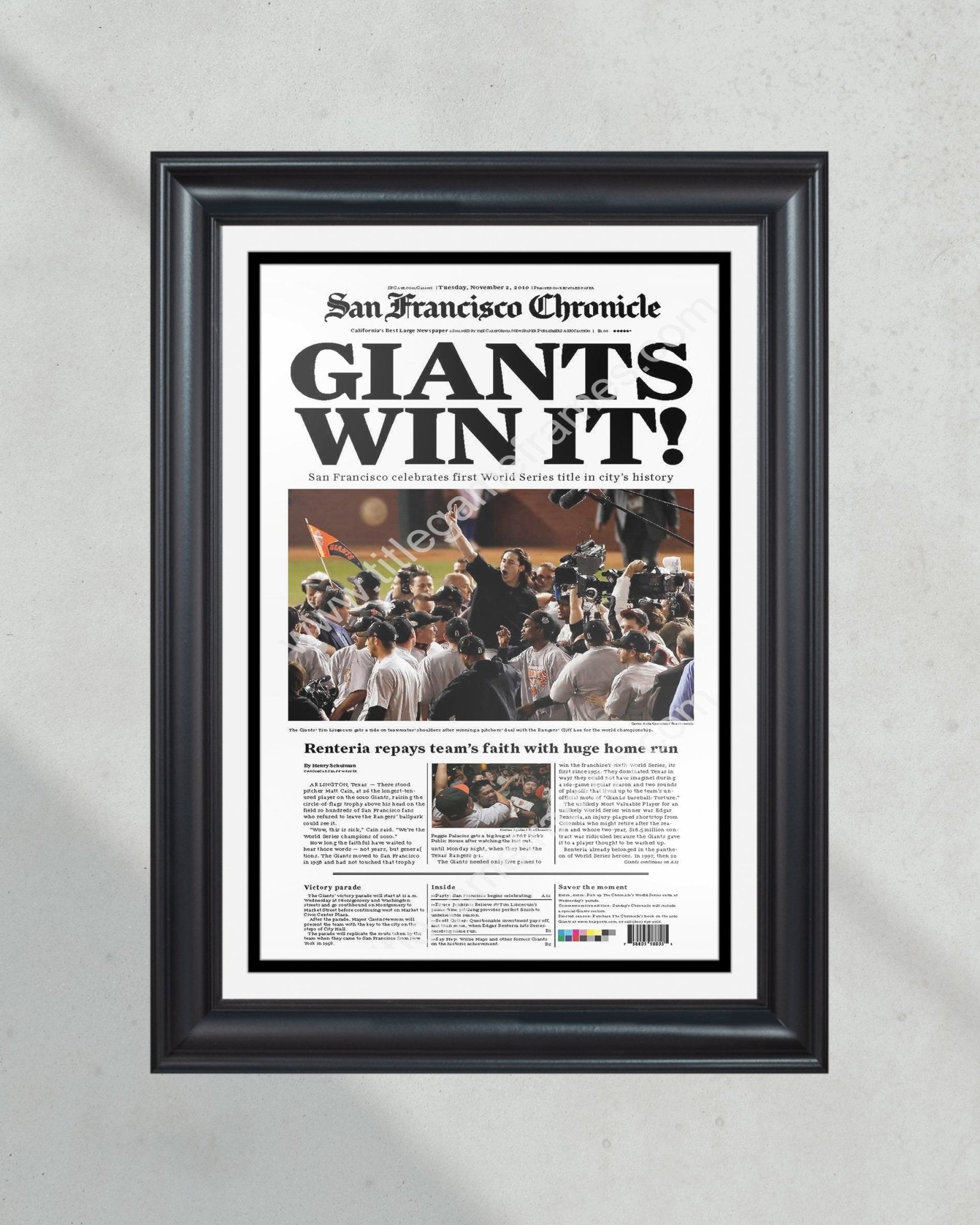 2010 San Francisco Giants Tim Lincecum World Series Framed Newspaper F – Title Game Frames