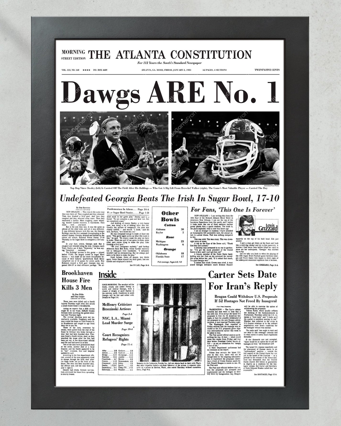 1980 Georgia Bulldogs National Champions Framed Front Page Newspaper P ...
