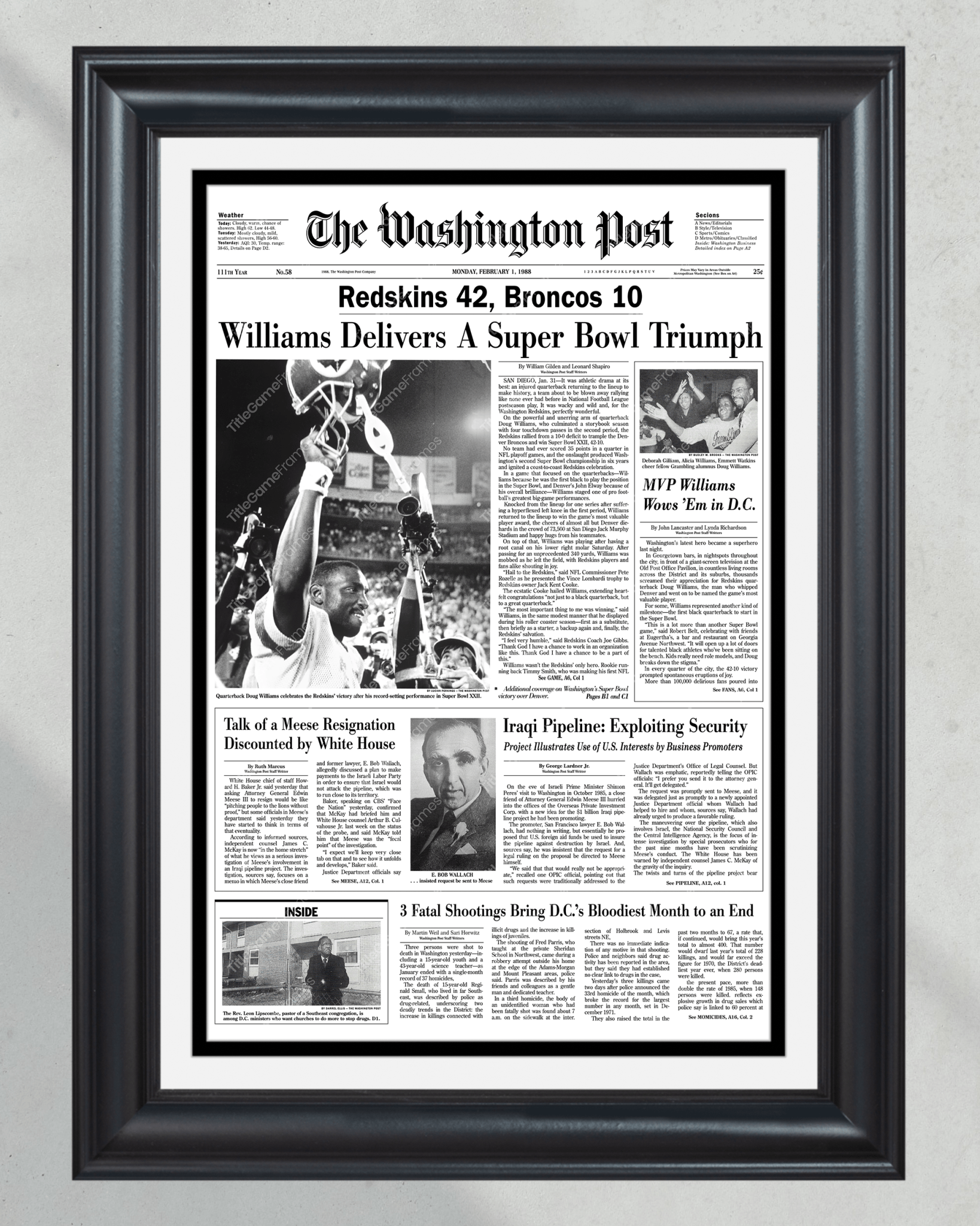 1988 Washington Commanders Super Bowl XXII Victory Framed Newspaper ...