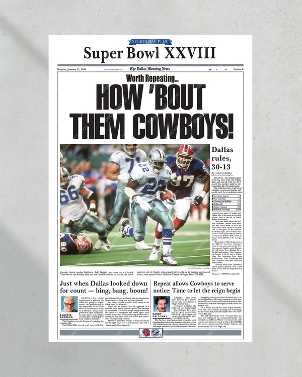 1994 Dallas Cowboys Super Bowl Champion Framed Newspaper Cover Print C ...