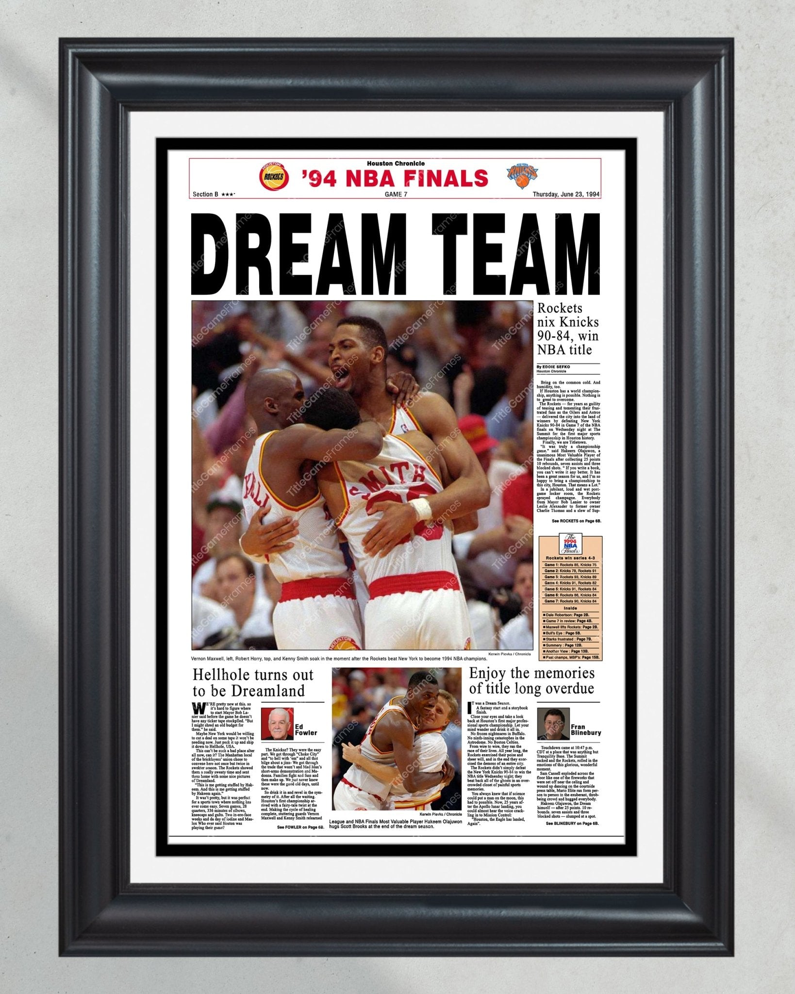 1994 Houston Rockets NBA Champion Framed Front Page Newspaper Print ...