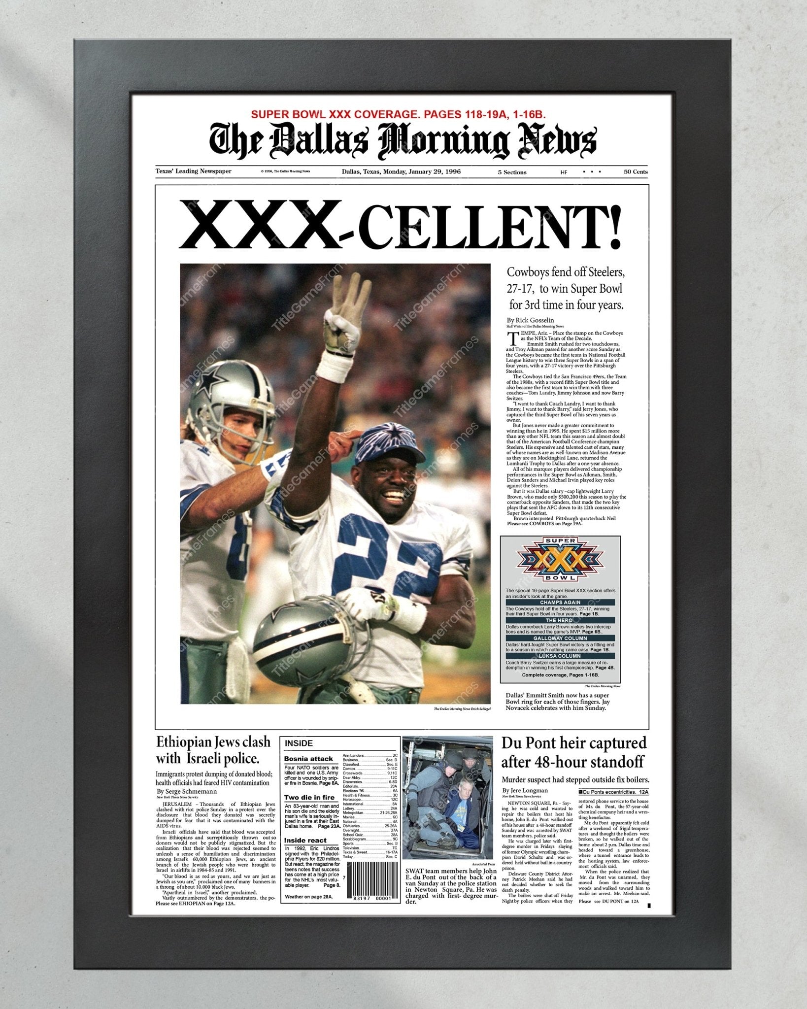 1996 Dallas Cowboys Super Bowl Champion Framed Newspaper Front Page Pr ...