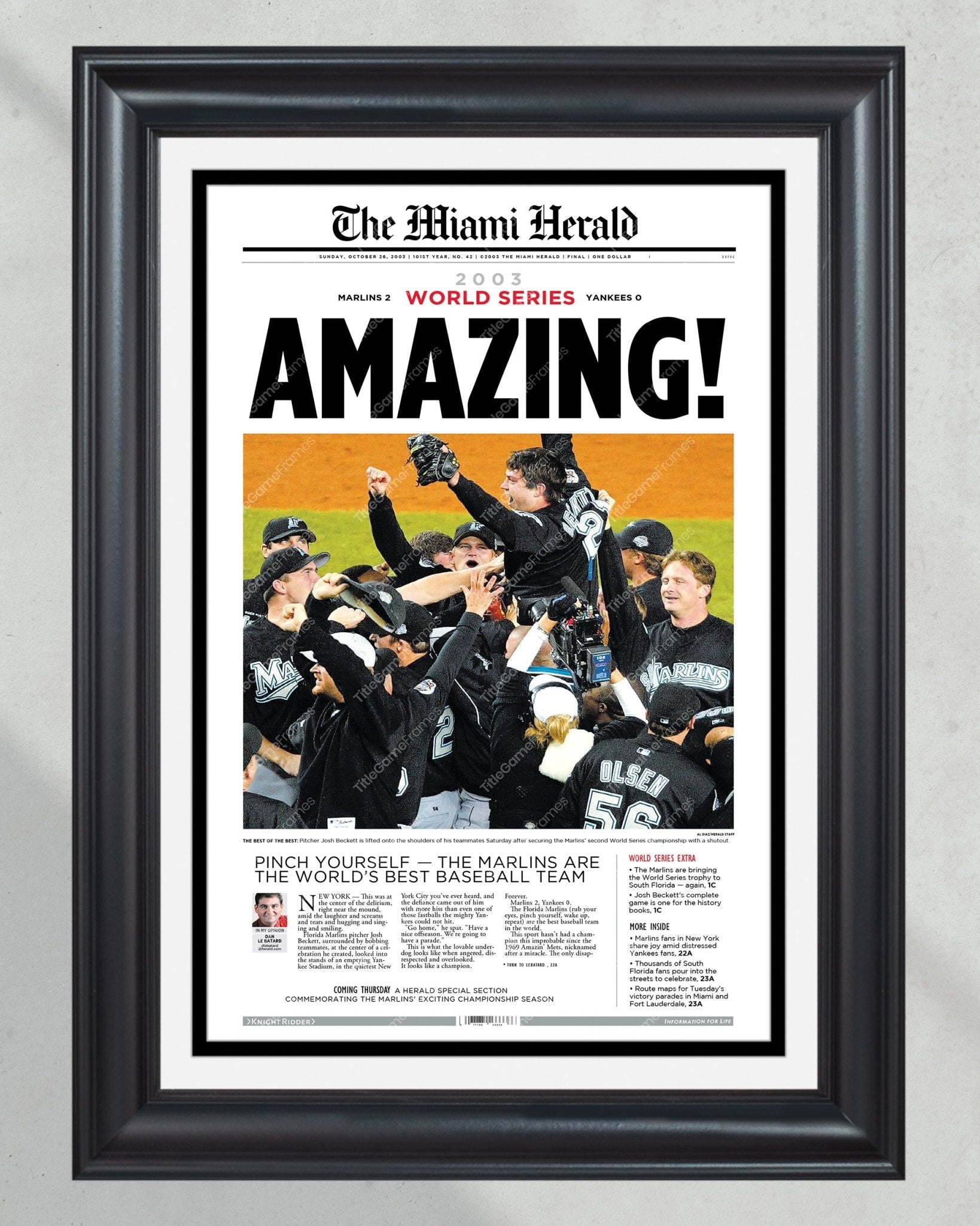2003 Florida Miami Marlins World Series Champion Framed Newspaper Fron ...