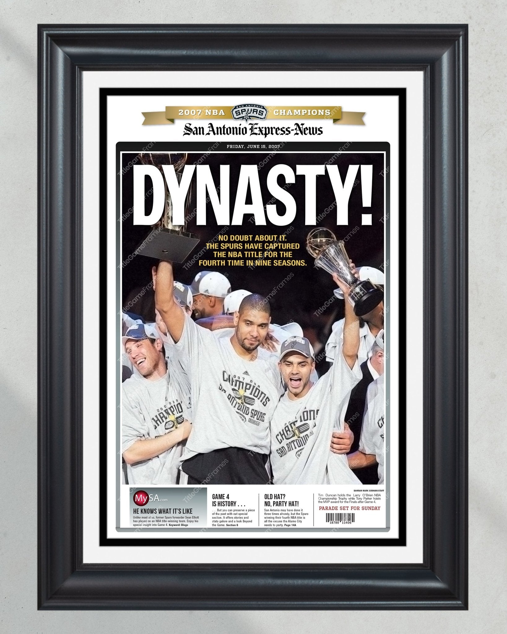 2007 San Antonio Spurs NBA Champion Framed Front Page Newspaper Print ...