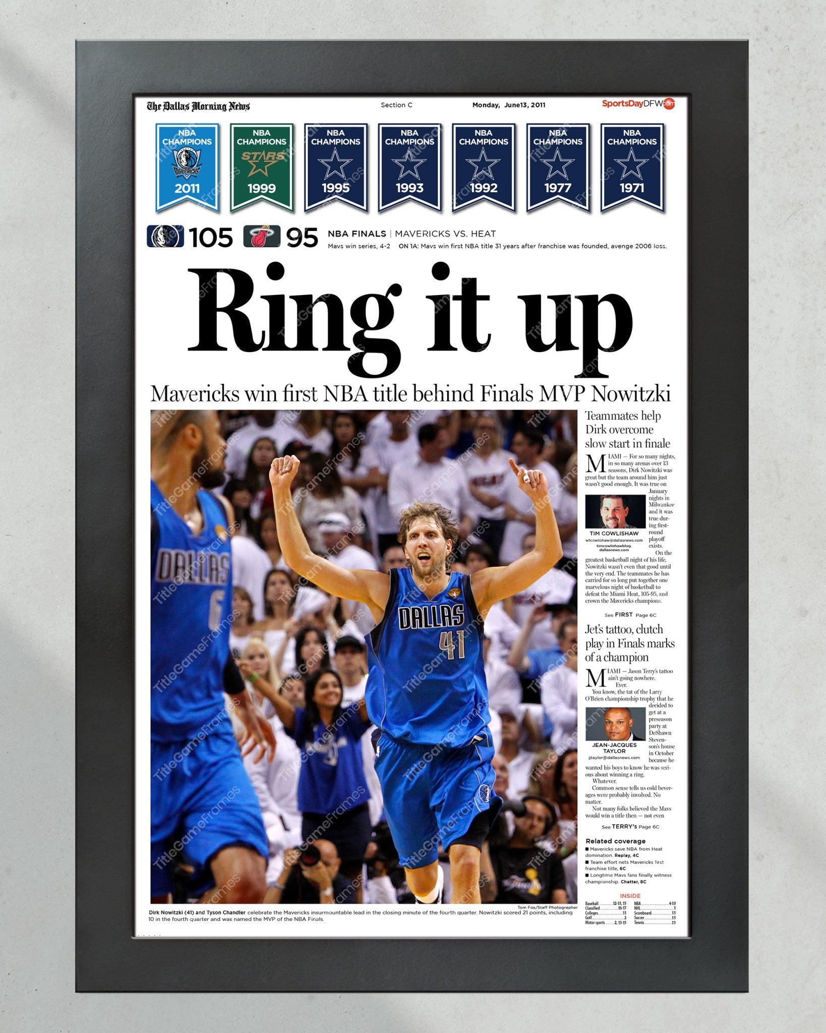 2011 Dallas Mavericks NBA Champions 'Ring it up' Framed Front Page New ...