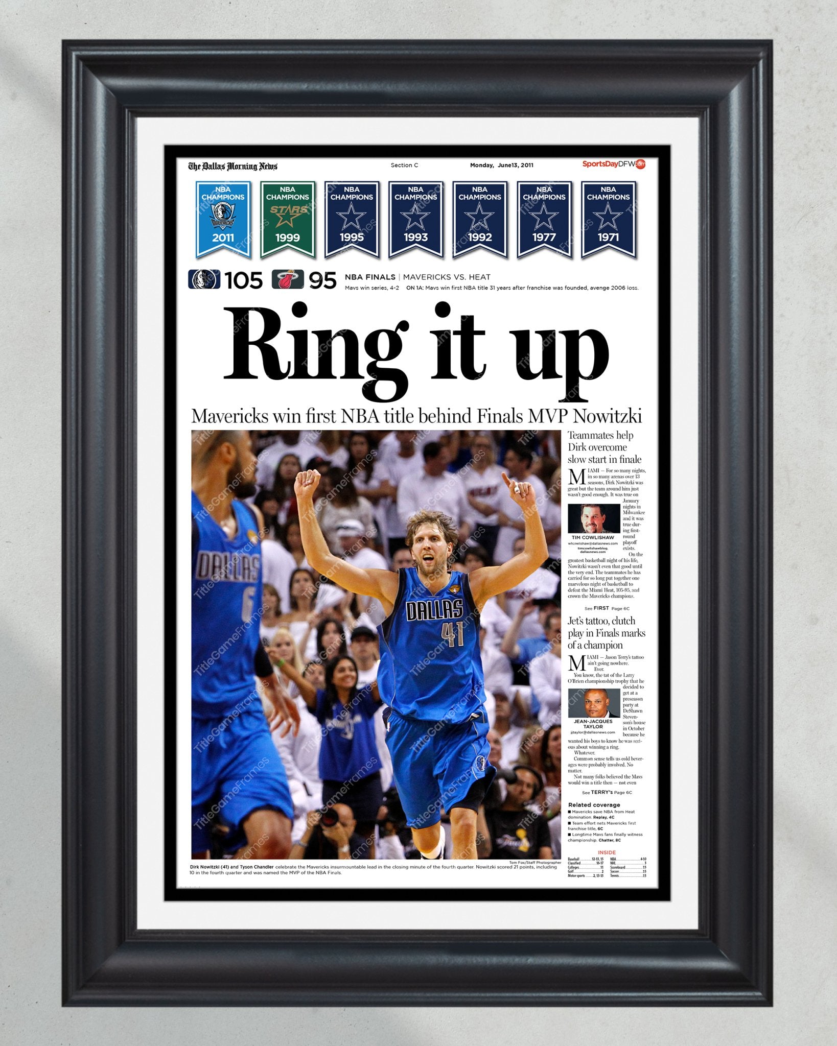 2011 Dallas Mavericks NBA Champions 'Ring it up' Framed Front Page New ...