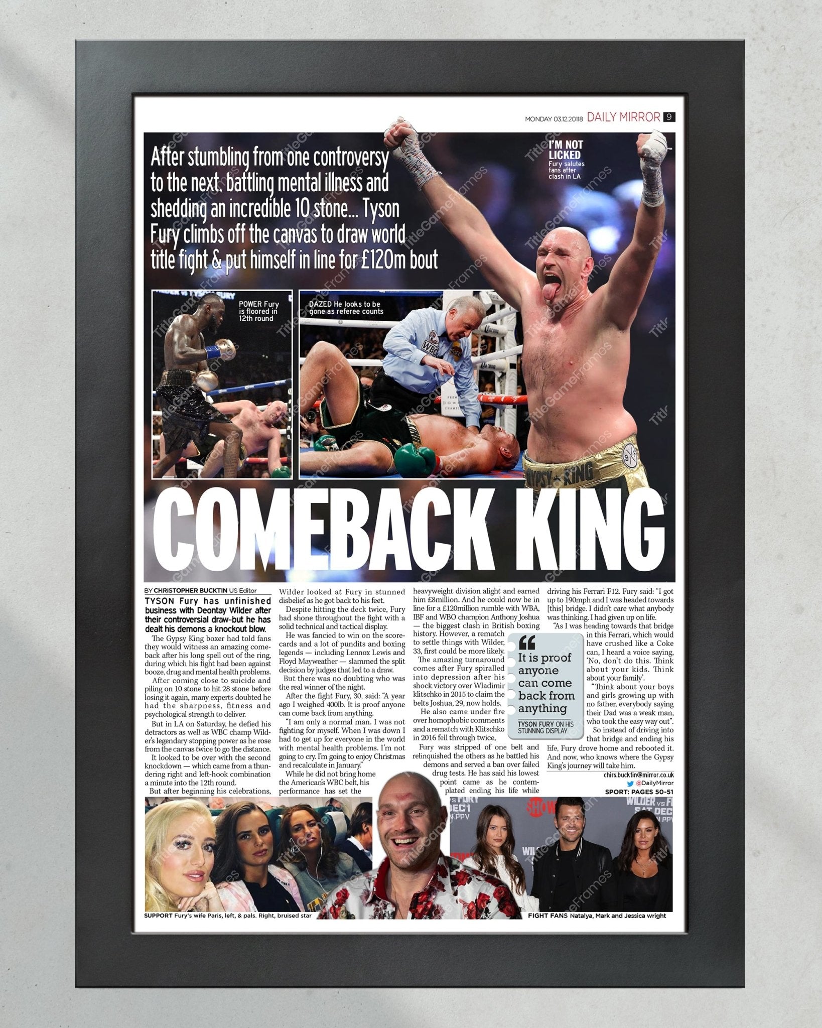 2018 Fury vs. Wilder Heavyweight Boxing Framed Newspaper Print – Title ...