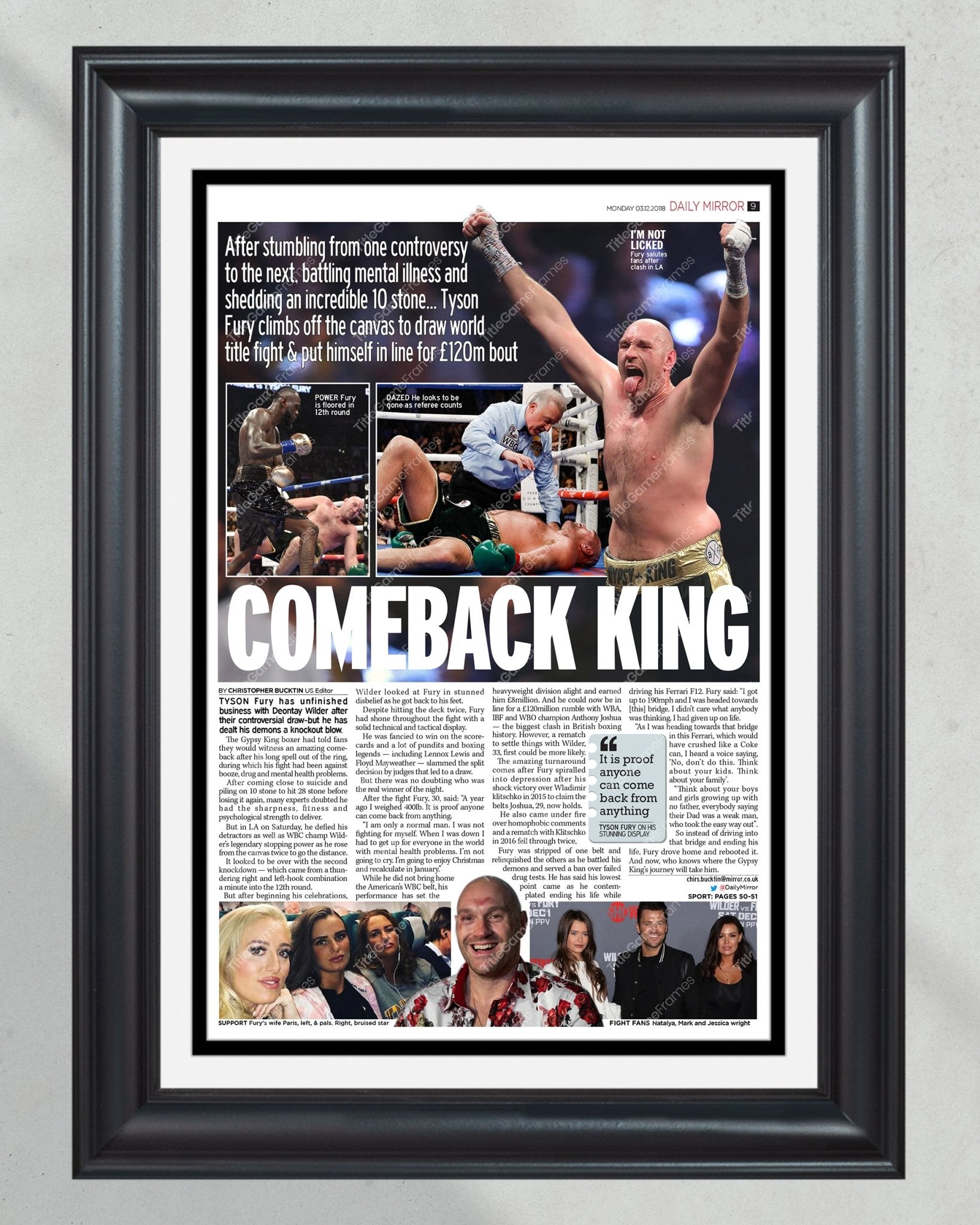 2018 Fury vs. Wilder Heavyweight Boxing Framed Newspaper Print – Title ...