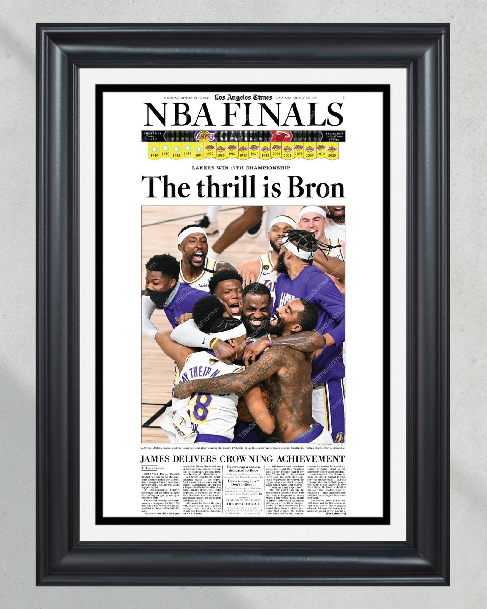 2020 Lakers Framed NBA Championship front page reprint Staples Center ...