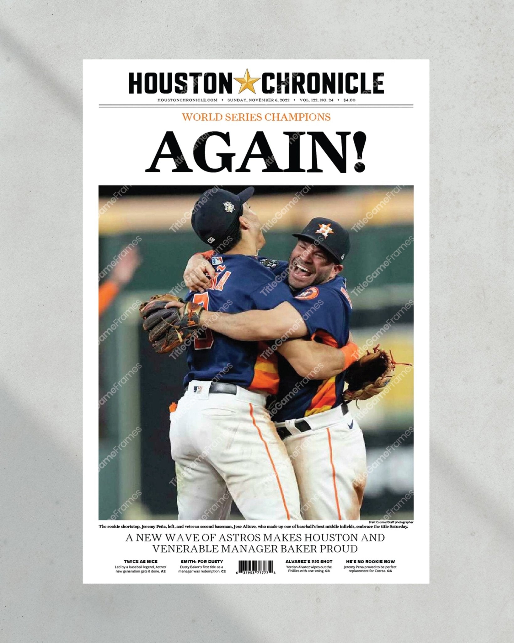 2022 Houston Astros “Again!” World Series Framed Front Page Newspaper ...