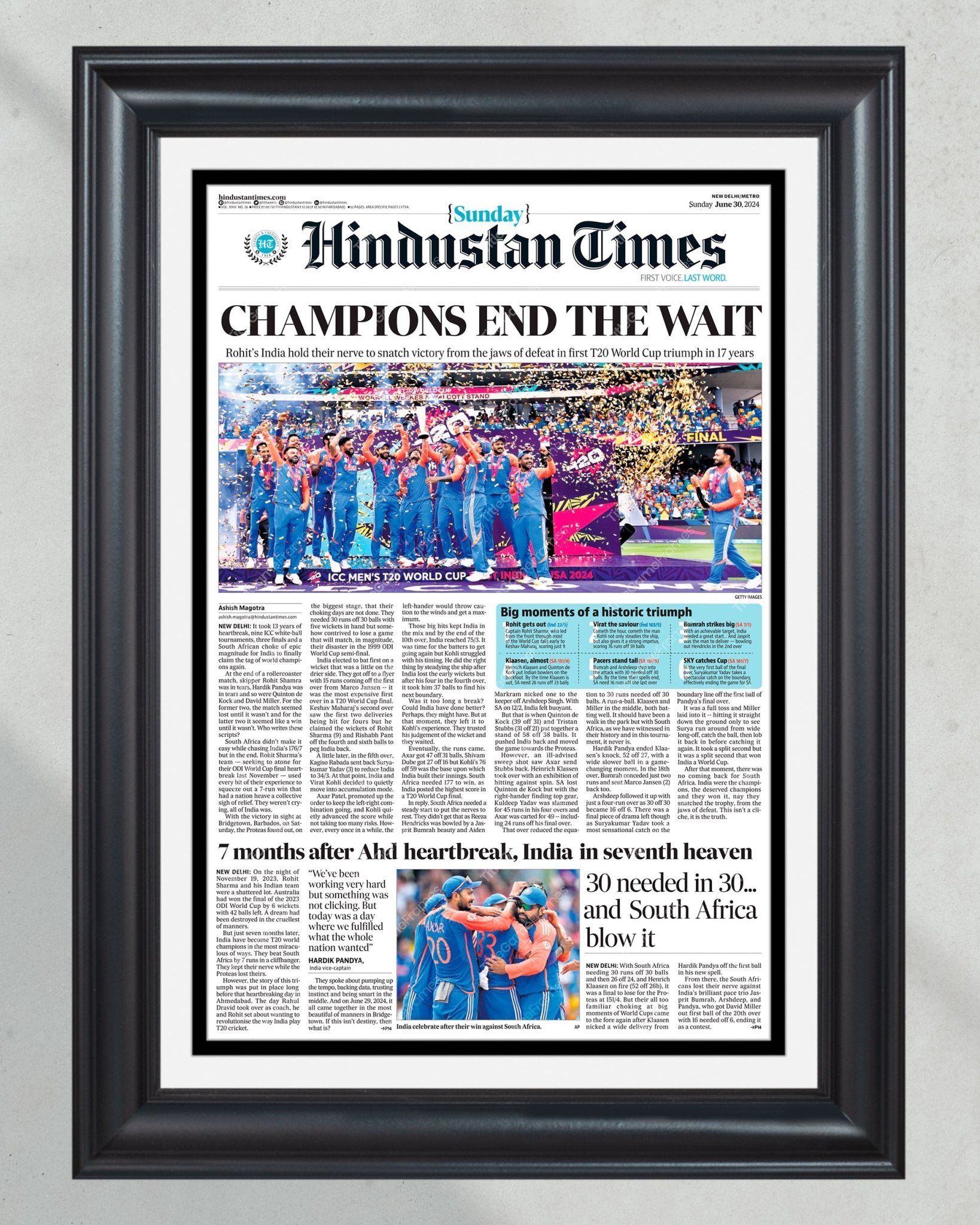 2024 India T20 Cricket World Cup 'CHAMPIONS END THE WAIT' - Framed ...