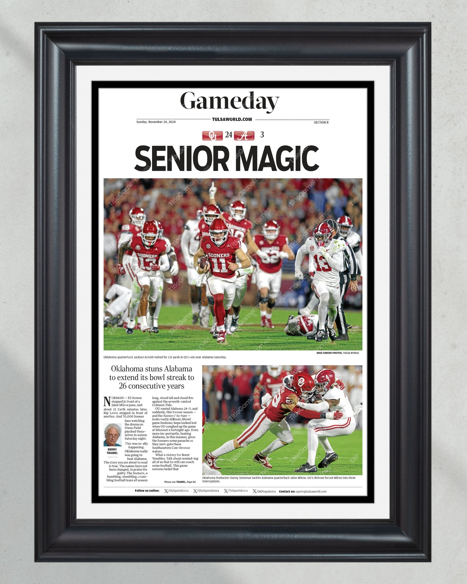 2024 Oklahoma Sooners Stun Alabama 'Senior Magic' Framed Newspaper ...