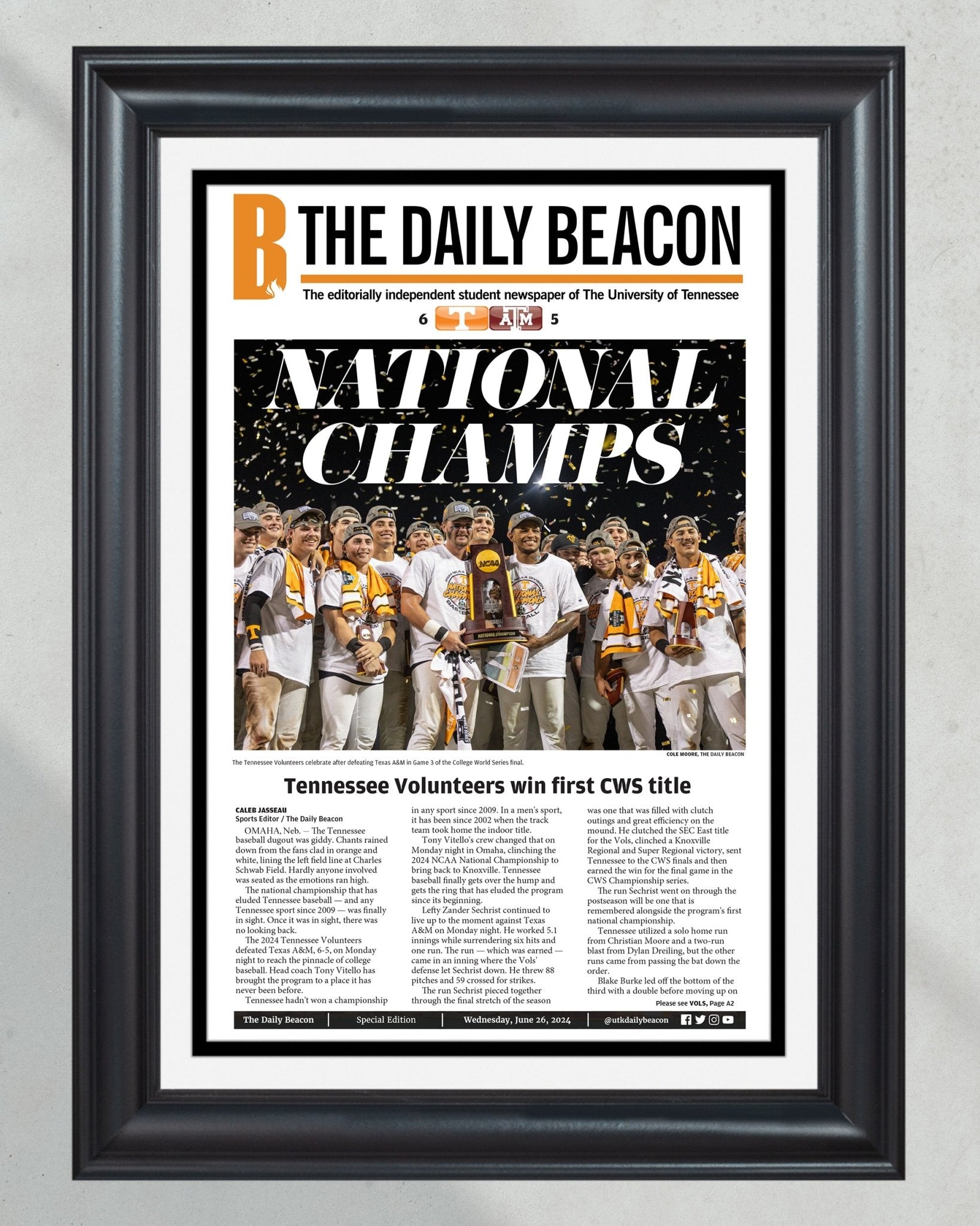 2024 Tennessee Volunteers CWS Baseball Champions - Framed Daily Beacon ...