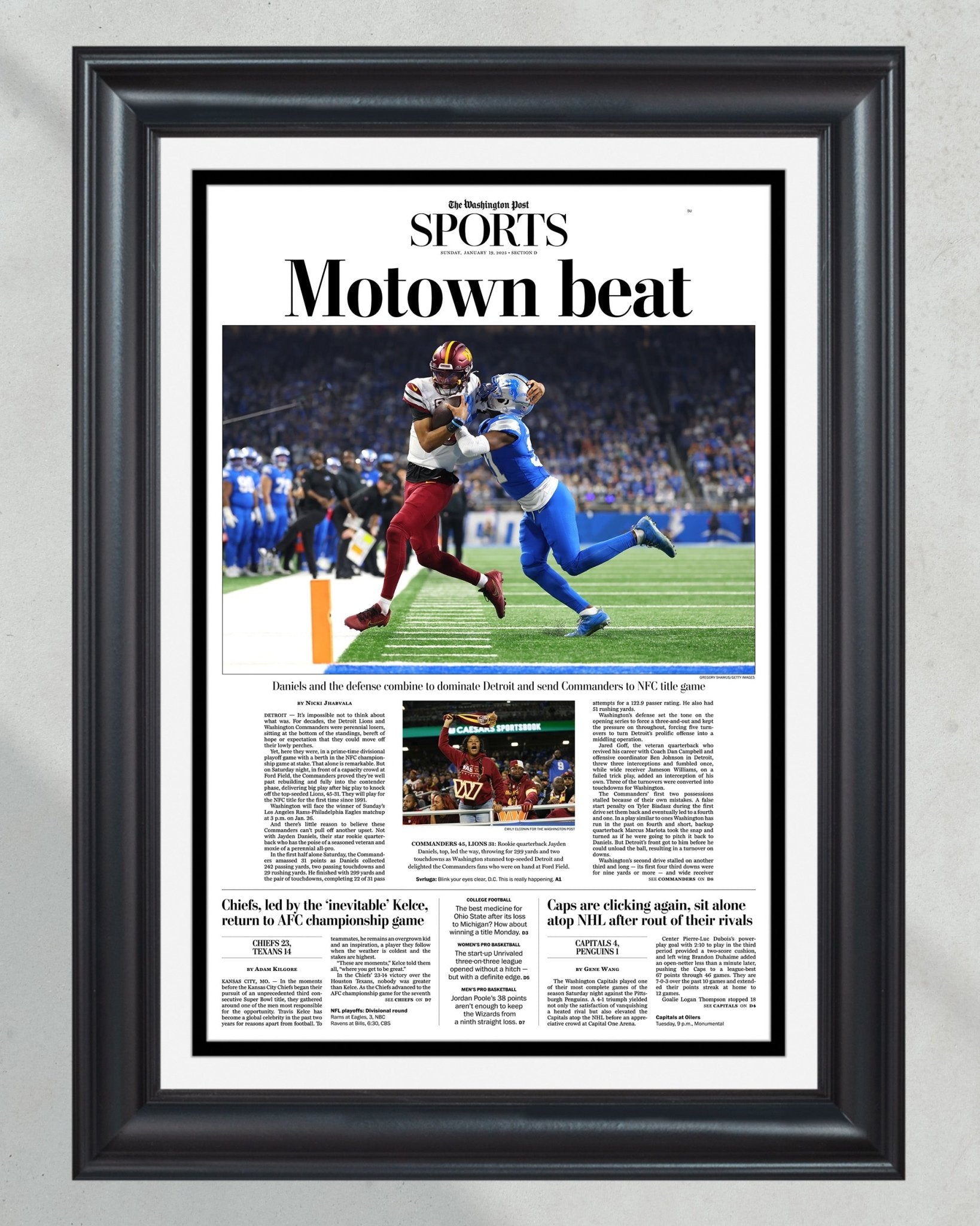 2025 Washington Commanders Stun Lions "Motown Beat" Framed Newspaper ...