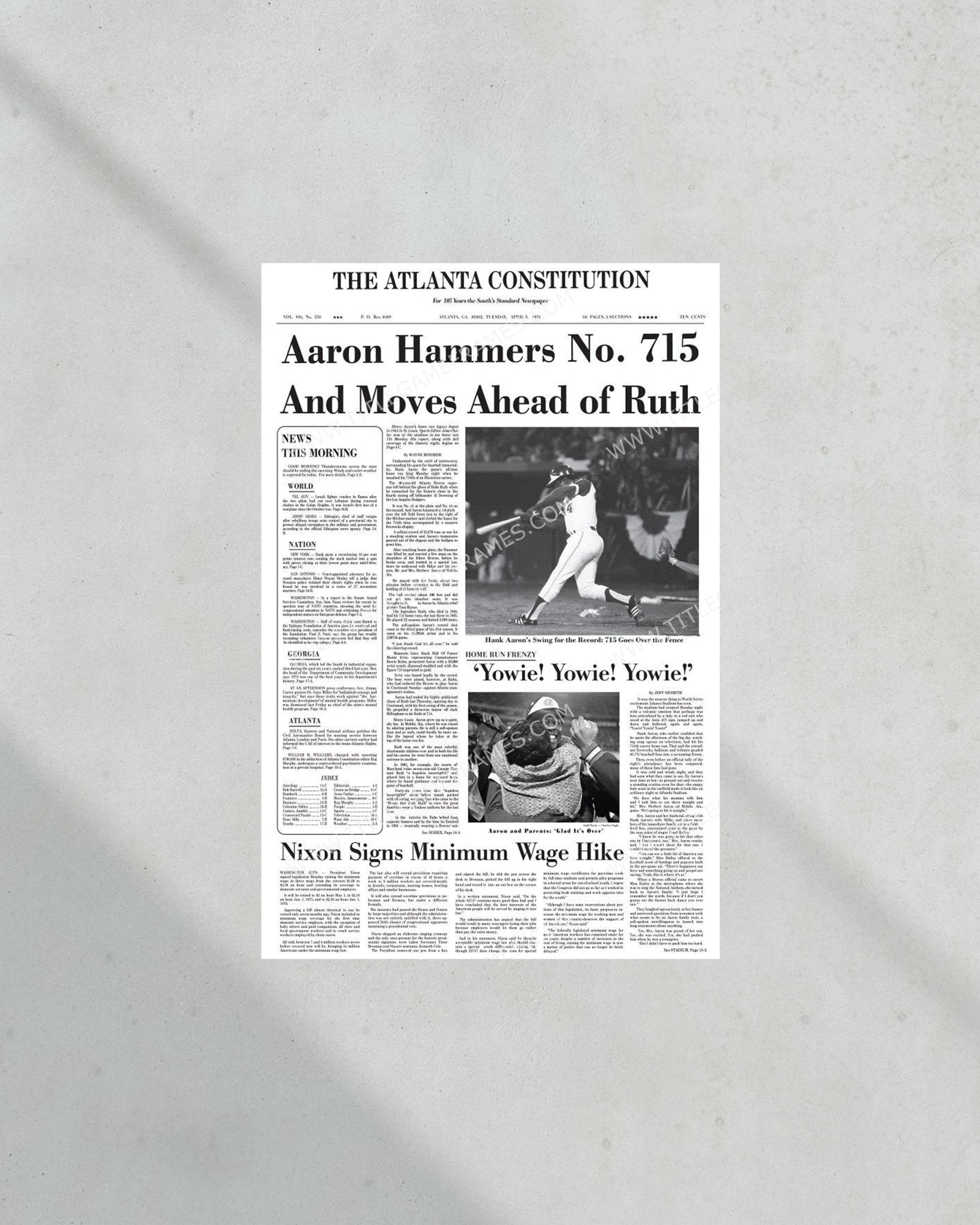 1974 Hank Aaron Record Home Run #715 Framed Newspaper Print ...
