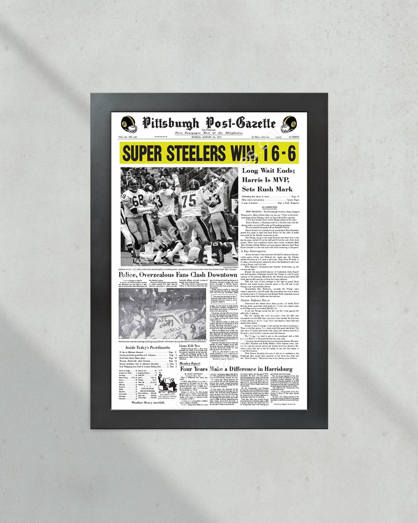 1975 Pittsburgh Steelers Super Bowl IV Champions Framed Front Page New ...