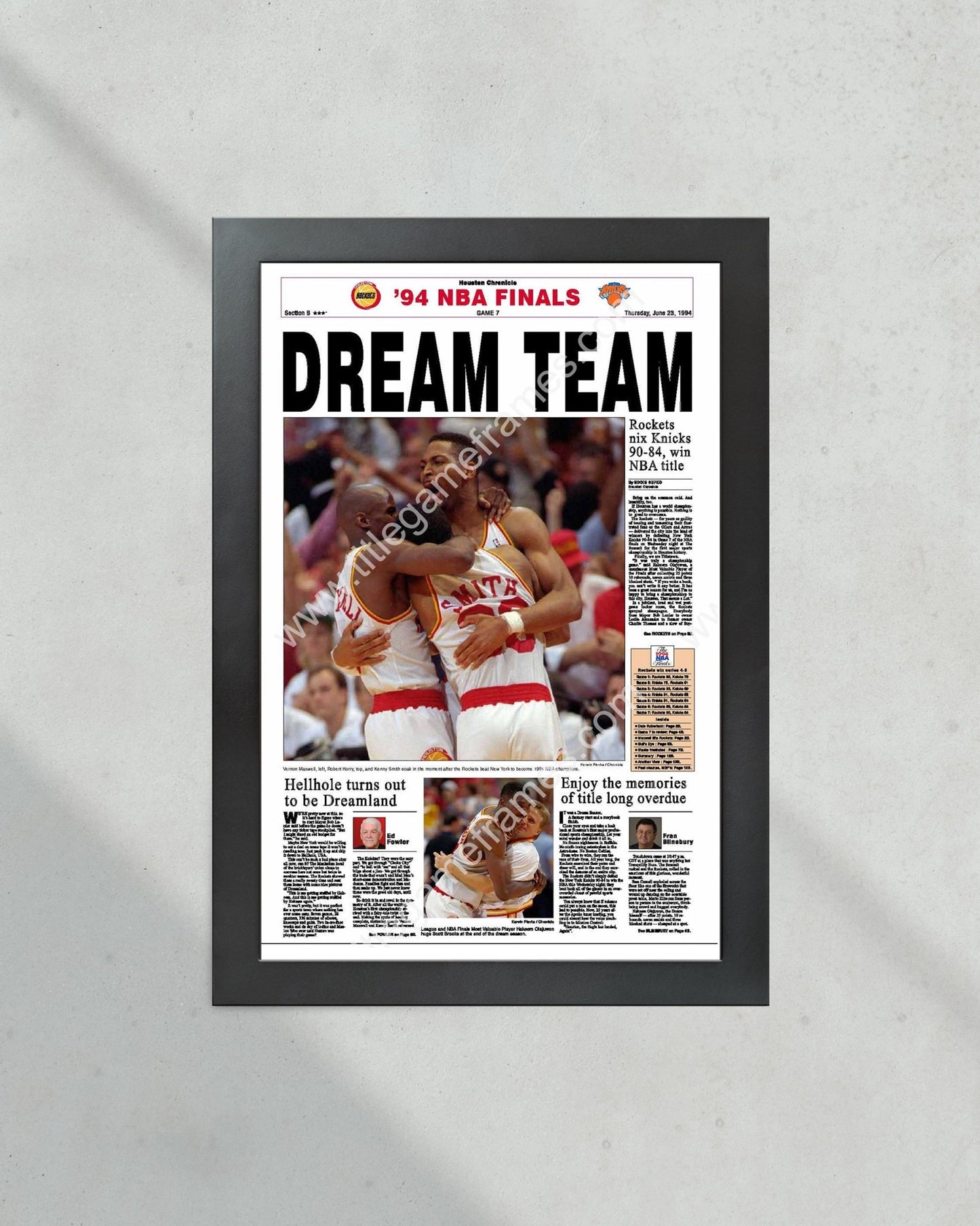 1994 Houston Rockets NBA Champion Framed Front Page Newspaper Print ...