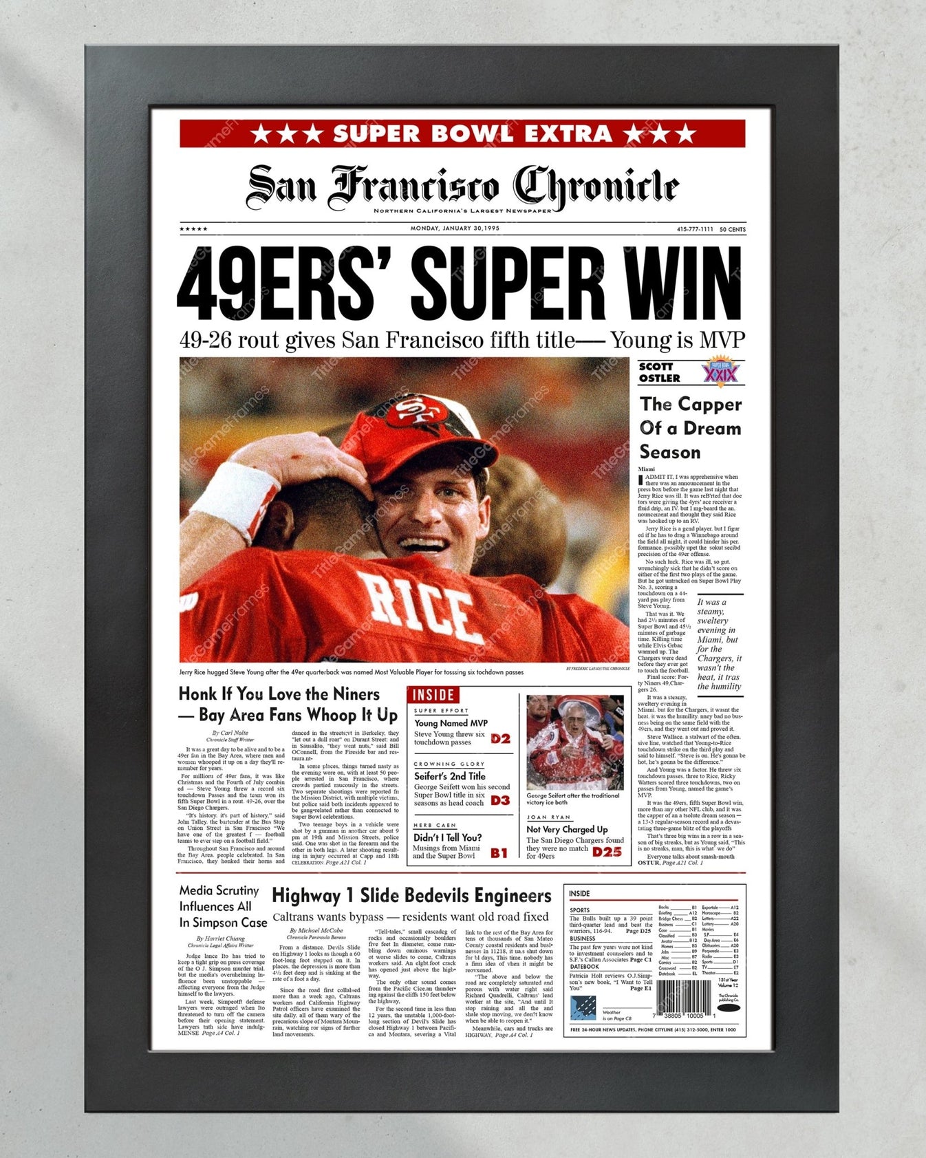 1995 San Francisco 49ers Super Bowl XXIX Champions Framed Newspaper ...