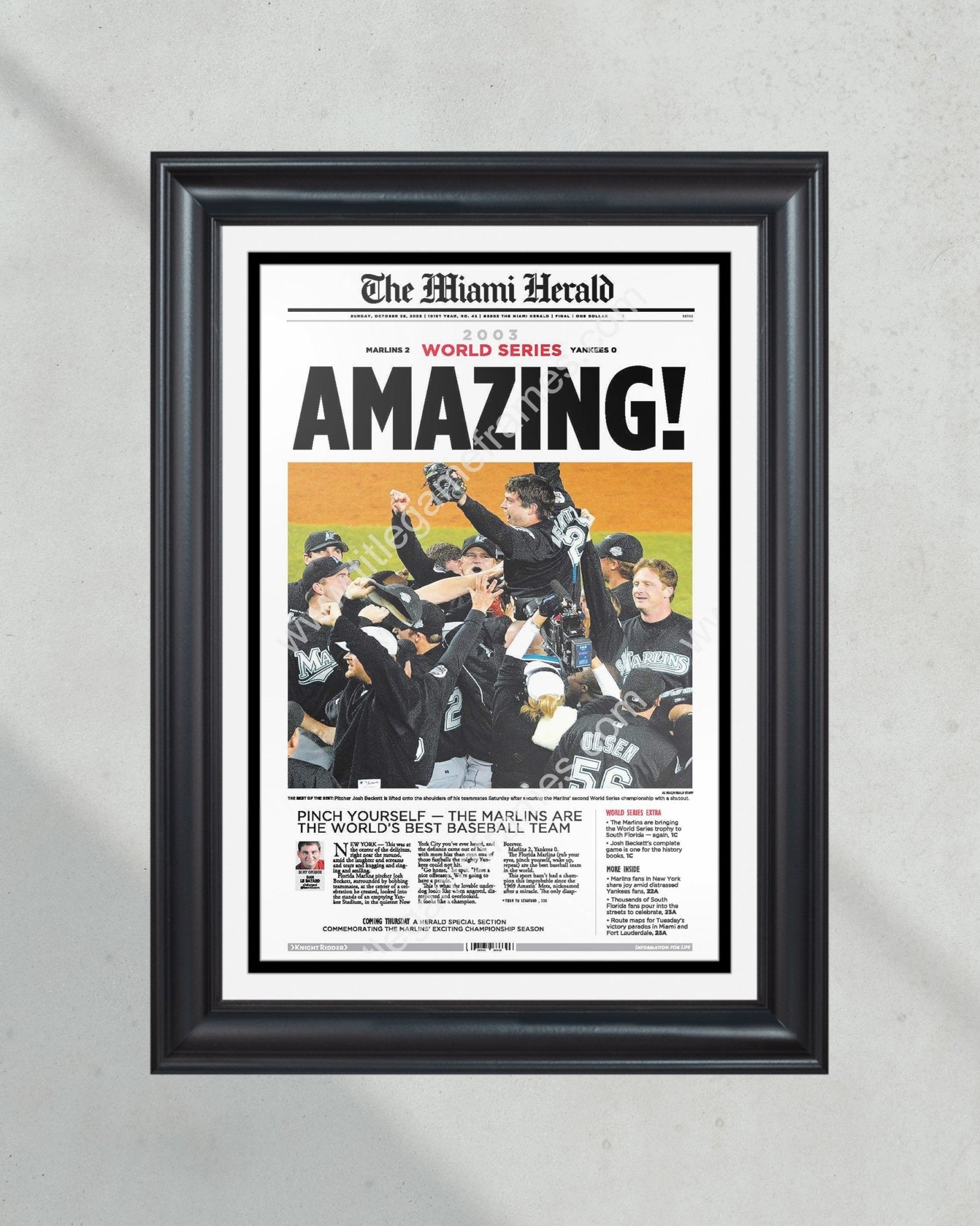 2003 Florida Miami Marlins World Series Champion Framed Newspaper Fron ...