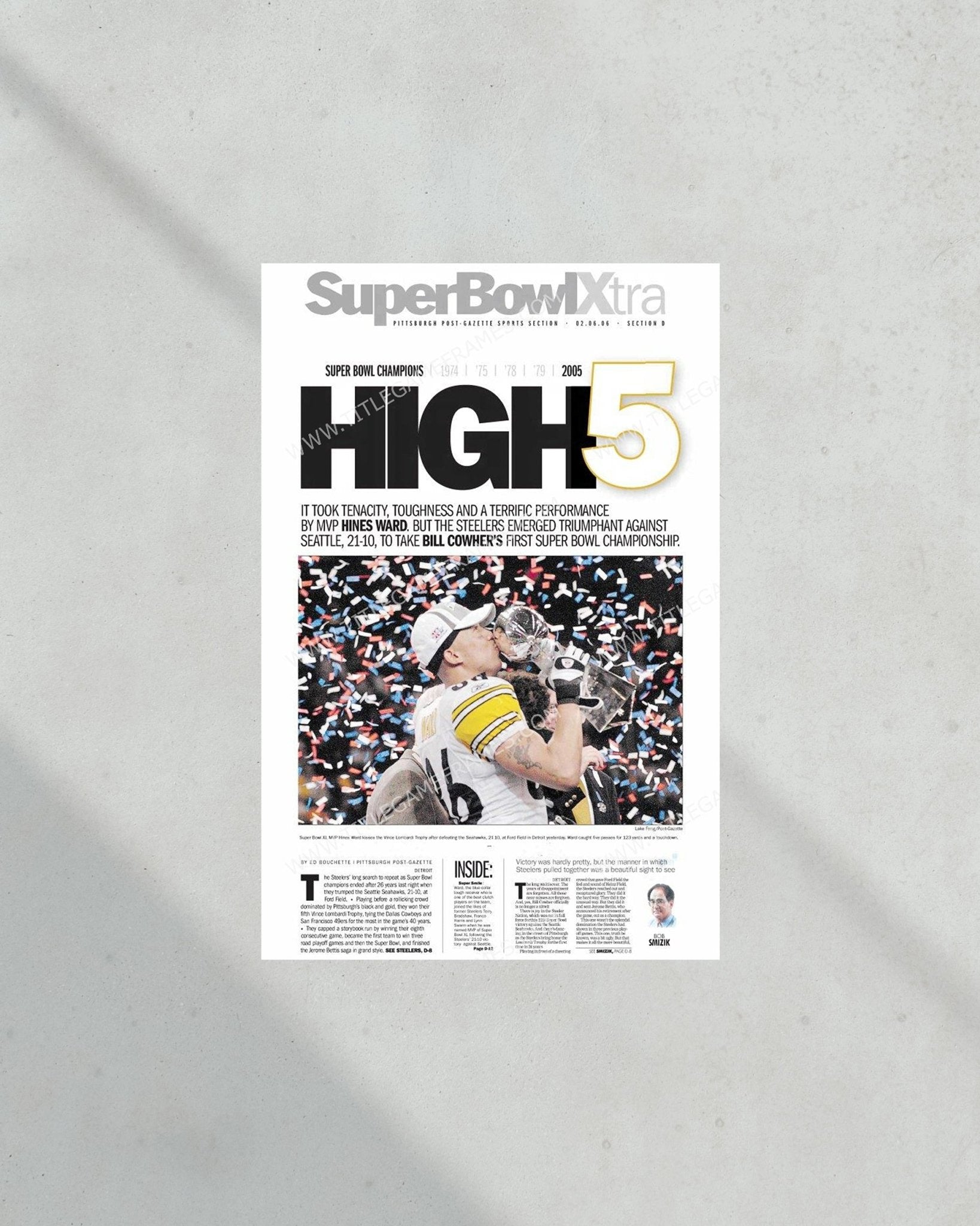 2006 Steelers “High 5” Super Bowl Champs Framed Newspaper Print – Title ...