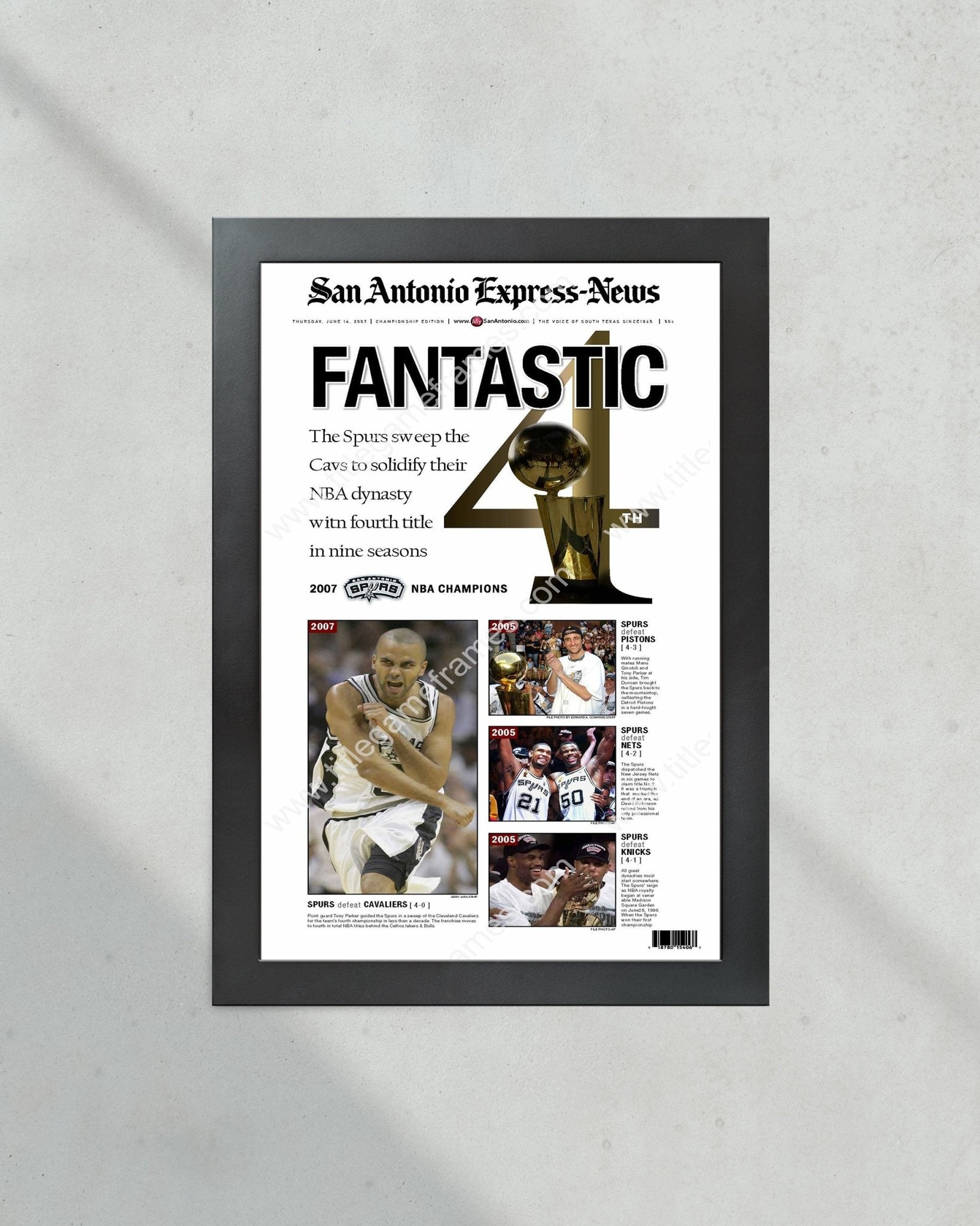 2007 San Antonio Spurs NBA Champion Newspaper Print – Title Game Frames