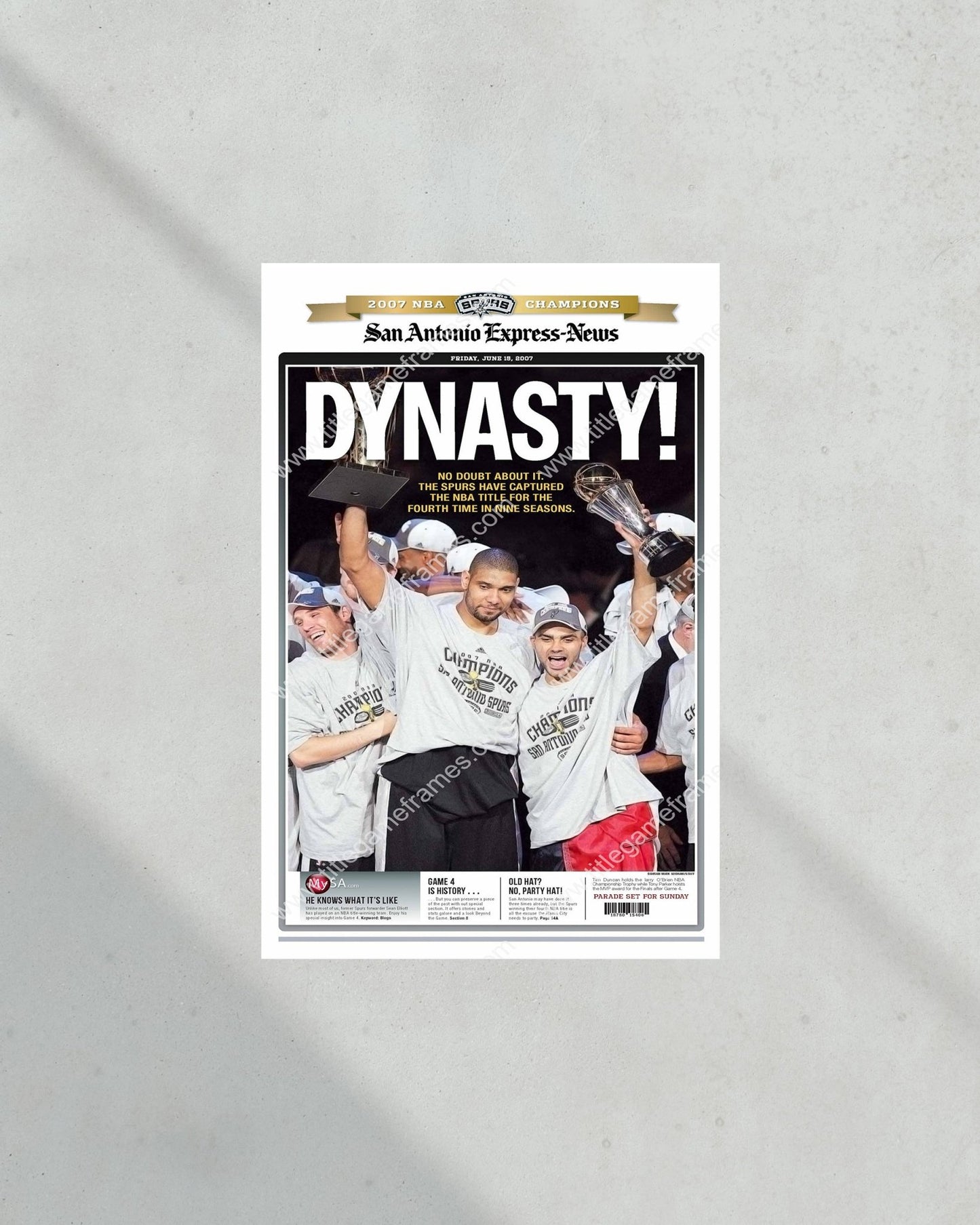 2007 San Antonio Spurs NBA Champion Framed Front Page Newspaper Print ...