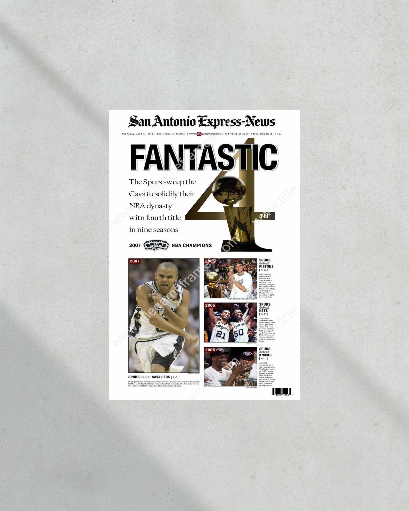 2007 San Antonio Spurs NBA Champion Newspaper Print – Title Game Frames